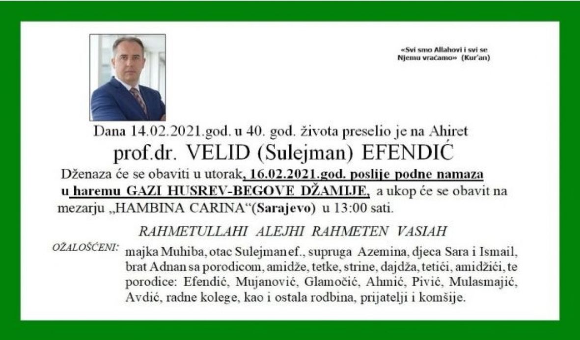 Objavljeno vrijeme i mjesto dženaze profesoru Velidu Efendiću / Radio ...