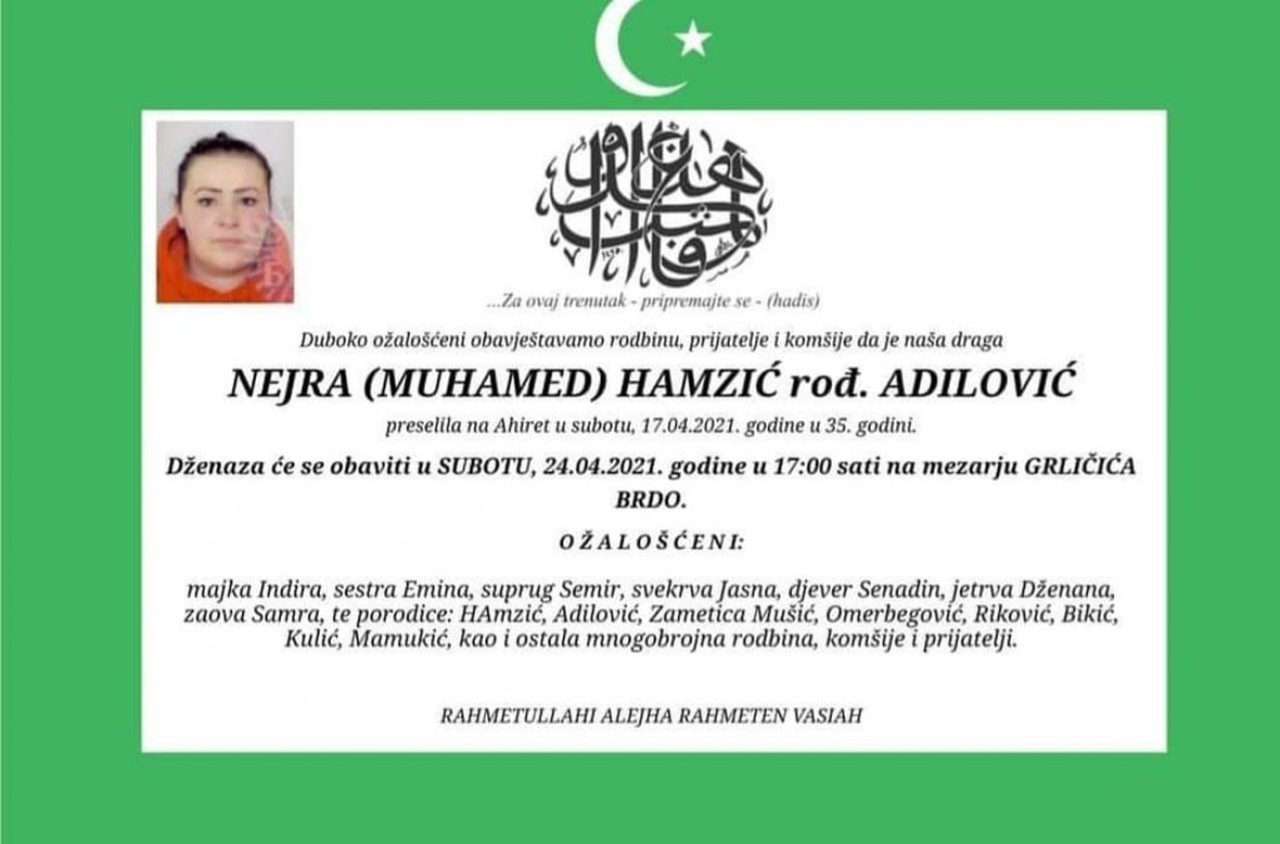 Sarajevo /Klanjana dženaza Nejri Hamzić (35) koja je poginula u nesreći kod Hadžića / Radio Sarajevo